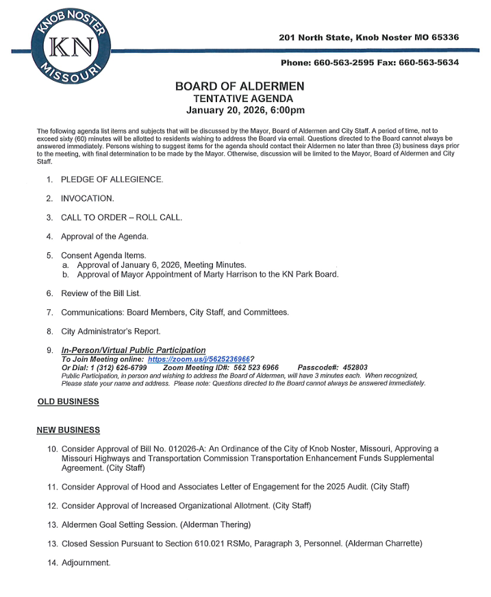 Board of Aldermen Tentative Agenda January 20, 2026 6:00 PM | News ...